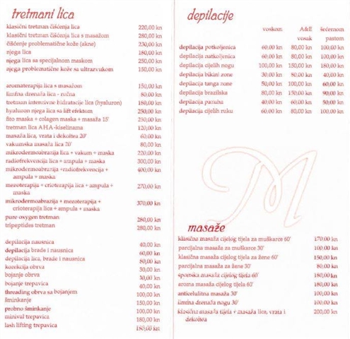Cjenik usluga - Kozmetički salon M | mojkvart.hr